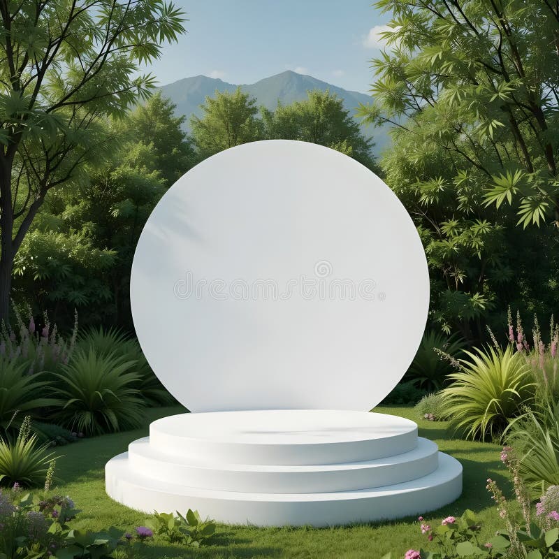 A White Stage Empty Podium Surrounded by Lush Greenery Display Nature ...