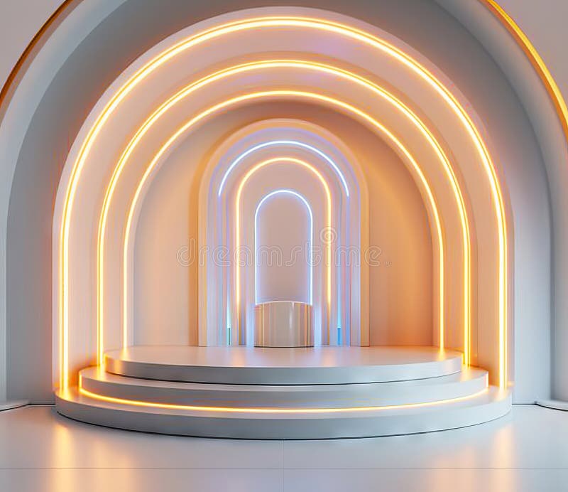 A White Stage with Neon Lights and a Podium Stock Image - Image of ...