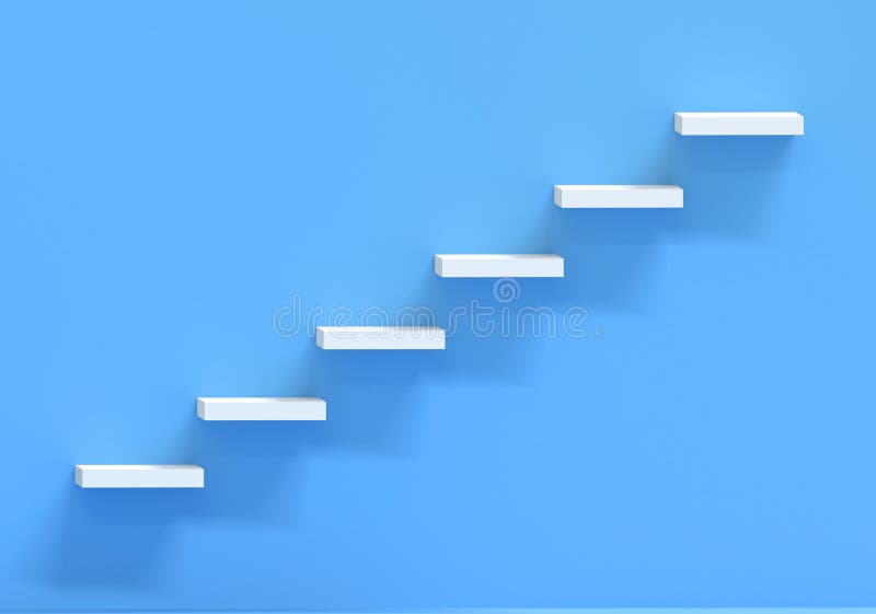 White Stair on Blue Wall, Step Up To Success, Growth, Progress Way and Forward Achievement Stock ...
