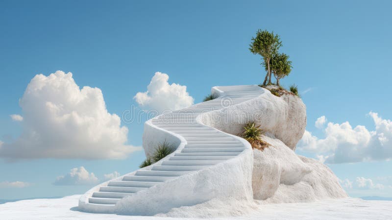 A White Staircase Ascends To a Small Tree Perched on a Rock Formation ...