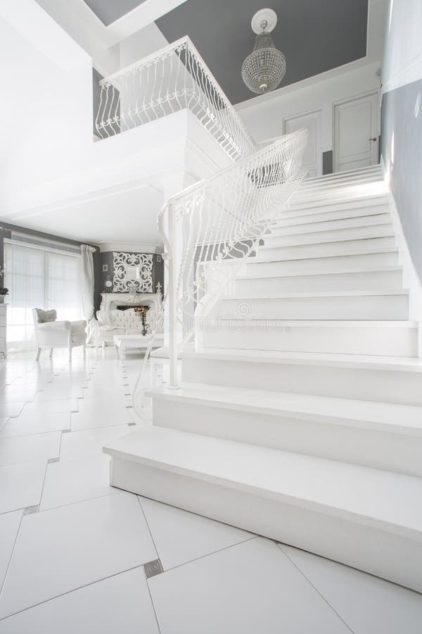 White Staircase in Expensive House Stock Photo - Image of living, house ...