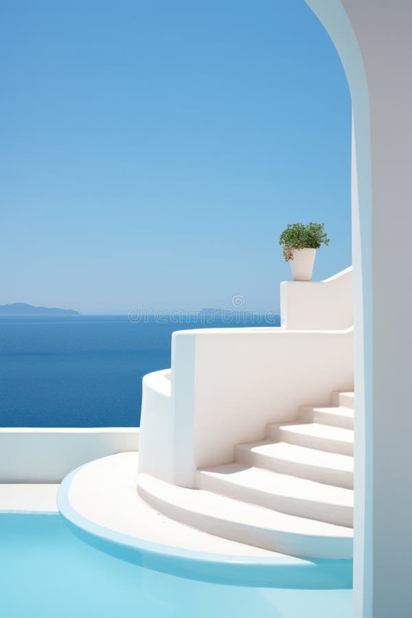 A White Staircase Leading To a Pool and Blue Sea, AI Stock Photo ...