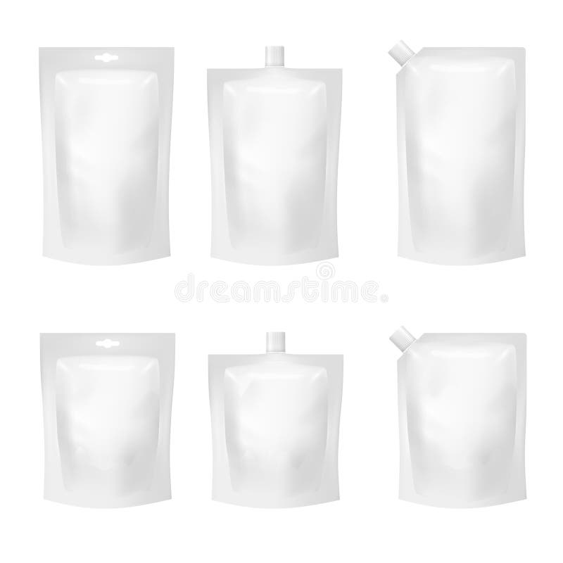 White Stand-Up Pouch Mockup Set with Various Closures Vector Stock ...