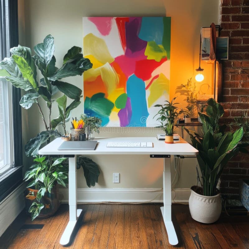 White Standing Desk with Abstract Art and Plants Stock Illustration ...