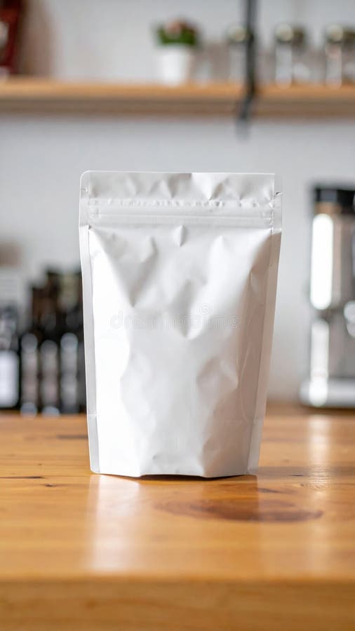 White Standup Pouch Mockup on Wooden Counter Stock Illustration ...