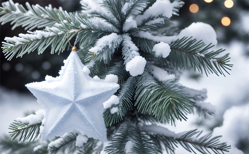 White Star on a Snow-covered Tree. the Star is Surrounded by Sparkling ...