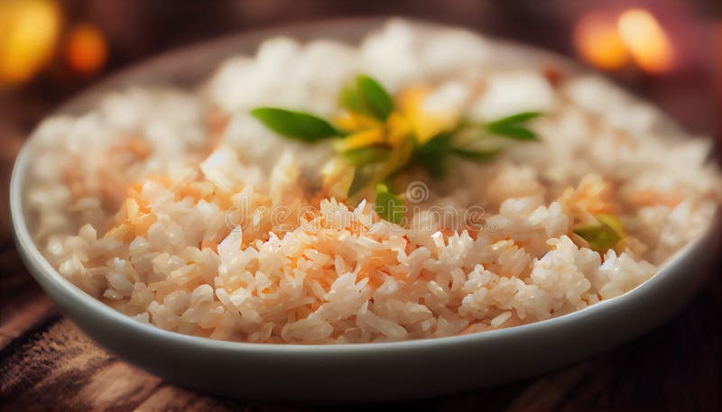 White Steam Rice in Bowl on Wooden Table .Generative AI. Stock ...
