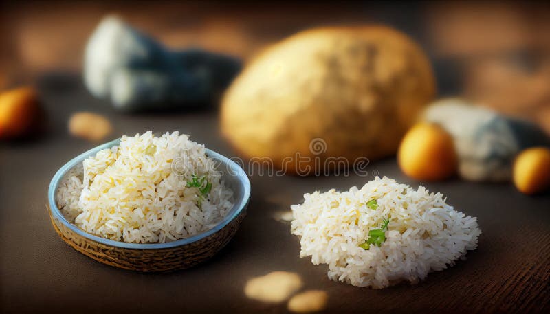 White Steam Rice in Bowl on Wooden Table .Generative AI. Stock ...