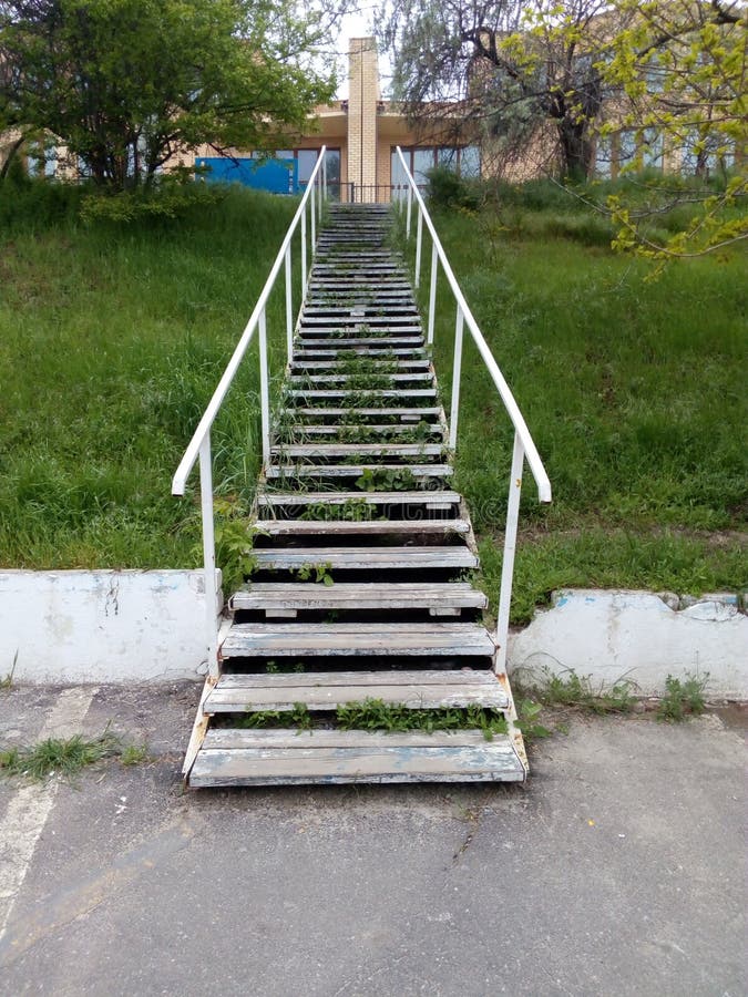 White Steel Staircase with Wooden Steps Going Up Stock Image - Image of ...