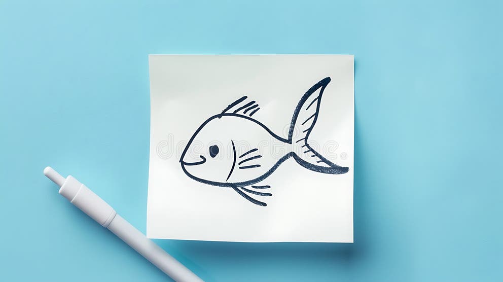 A White Sticky Note with a Simple Doodle of a Fish Isolated on a Light ...