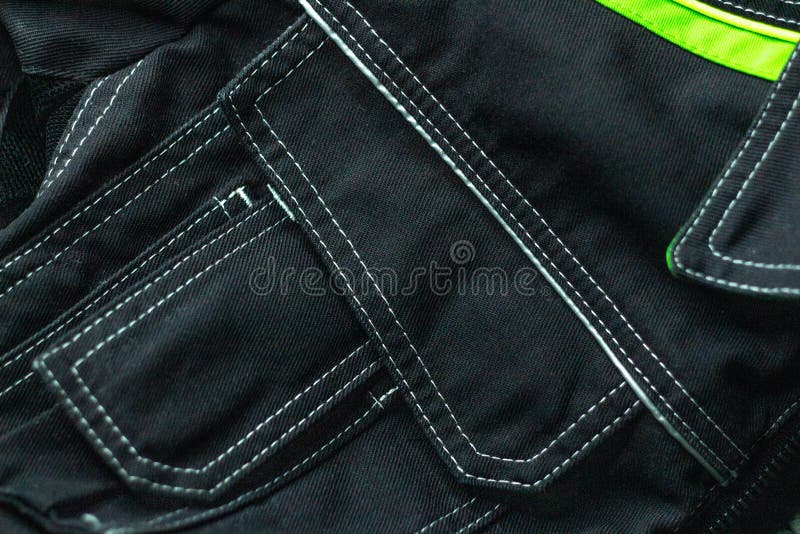 White Stitching on Black Fabric. Texture of Black Working Clothes White ...