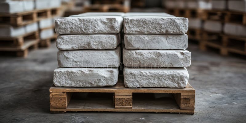 White Stone Blocks Stacked on Wooden Pallets in Warehouse Setting Stock ...