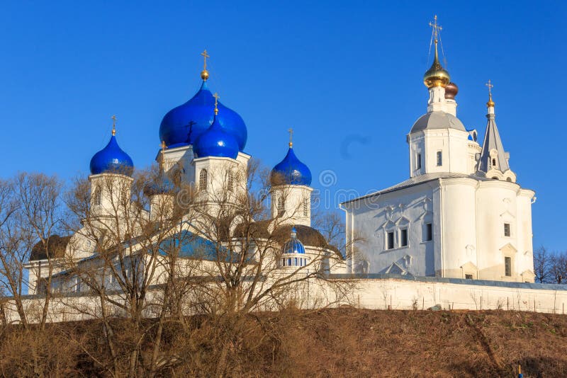 White-stone Monastery with Sky-blue Domes at Early Spring Stock Image ...