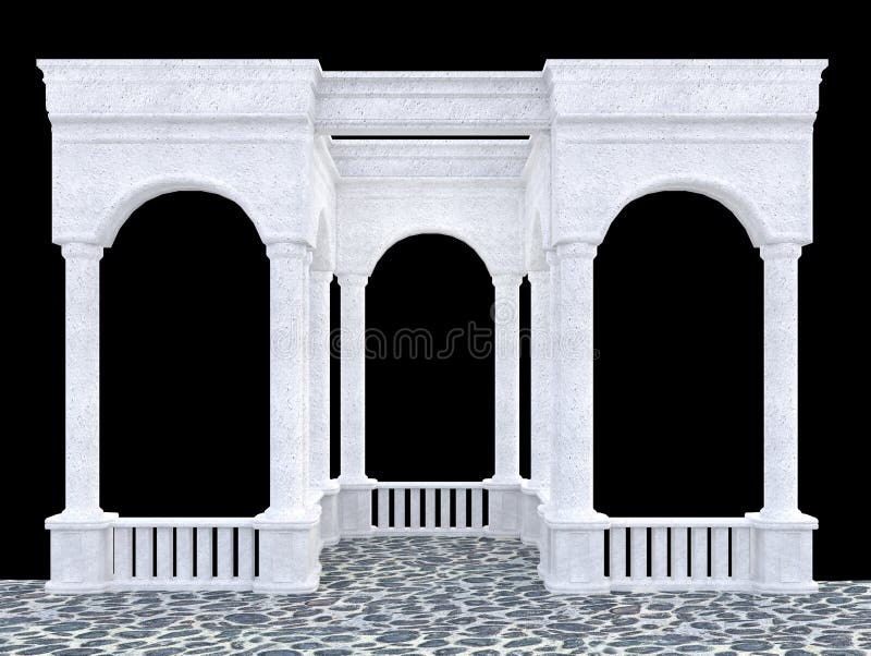 White Stone Portico with Arcade and Balustrade on a Black Background ...