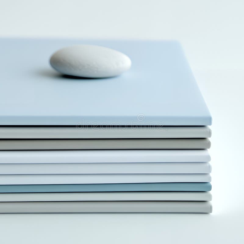 A White Stone Rests Atop a Stack of Blue and Gray Papers Stock ...
