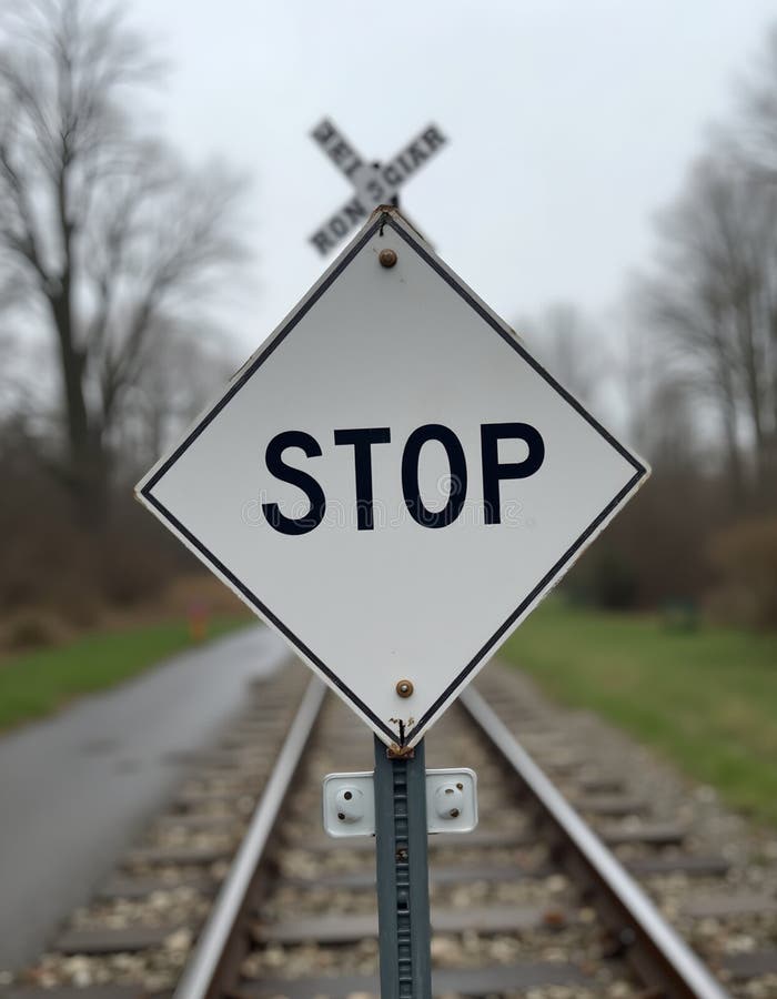 White Stop Sign with Railway Crossing Scenery Stock Illustration ...