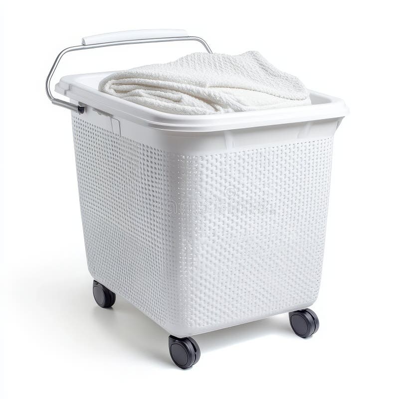 A White Storage Bin on Wheels Filled with a Blanket, Designed for Easy ...