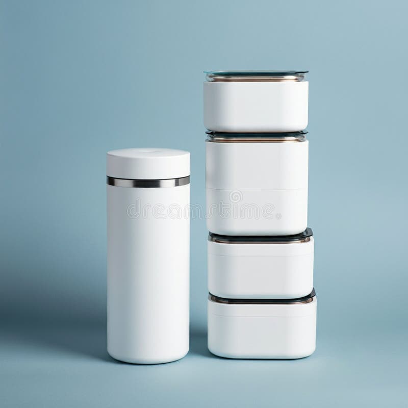 White Storage Containers are Arranged Against a Light Blue Background ...