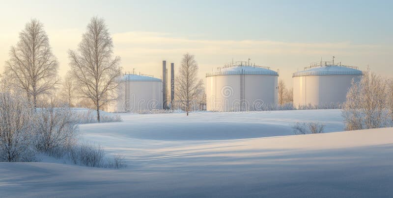 White Storage Tanks for Oil and Gas in Winter. Generative AI. Stock ...