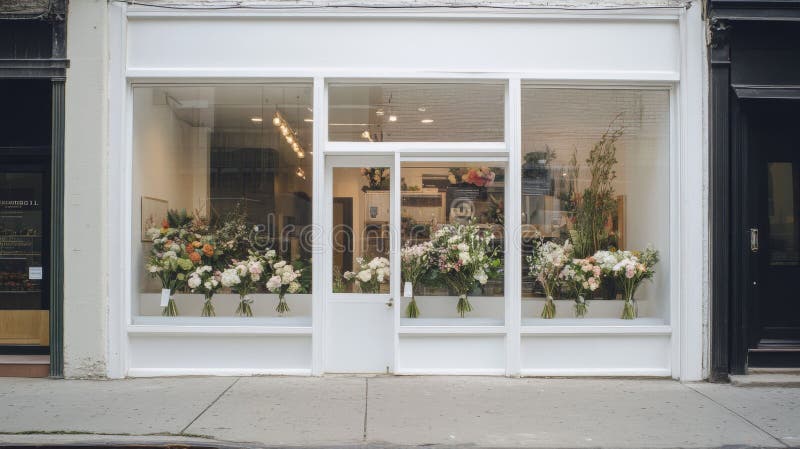 White Storefront with Flower Arrangements Displayed in the Window Stock ...