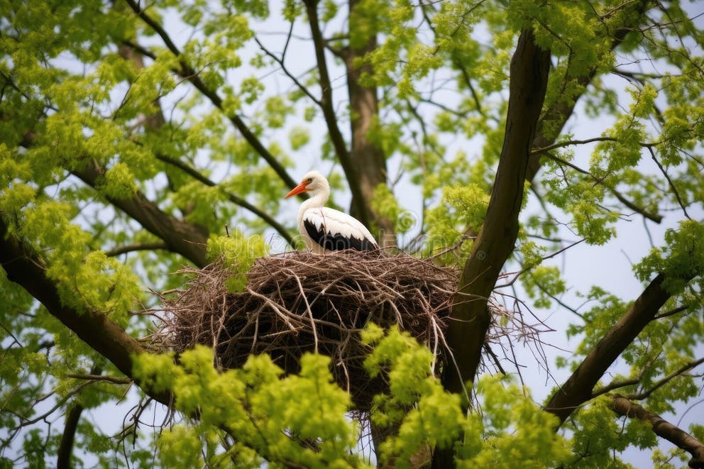 White Stork Nesting in Tall Trees Stock Photo - Image of trees, habitat ...