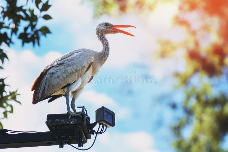 White Stork Perched on a Pole Singing Under the Blue Sky with Trees in ...