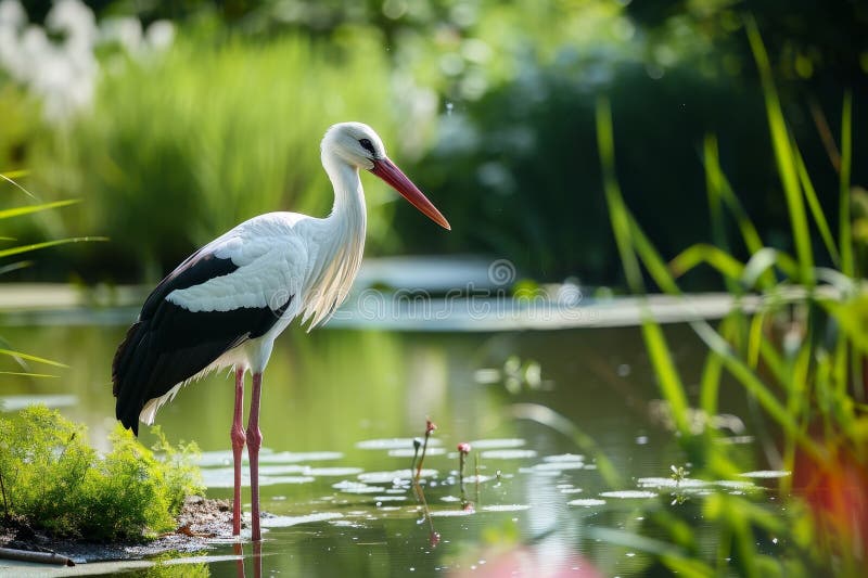 A White Stork Standing at a Little Pond Stock Illustration ...