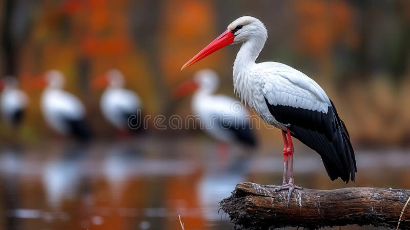A White Stork Standing on a Log in the Water Stock Image - Image of ...