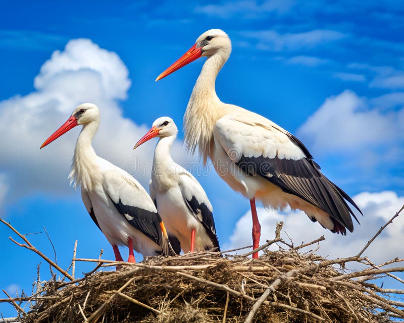 White Storks on the Blue Sky with Clouds Background Stock Illustration ...