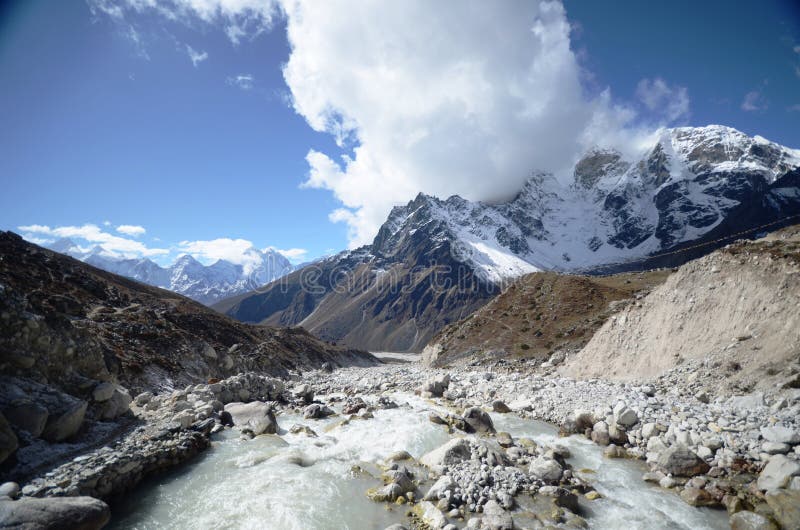 White Stream and Snow Mountains Stock Photo - Image of clouds, path ...