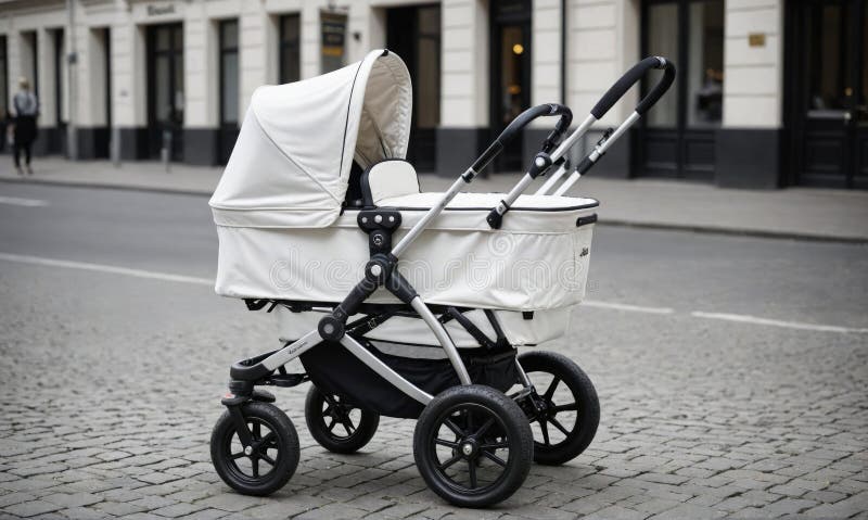 A White Stroller Sits on a Cobblestone Street in Front of a Building ...