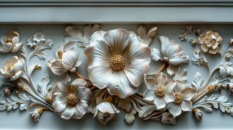 White Stucco with Embossed Floral and Vine Patterns, Gold Accents and ...