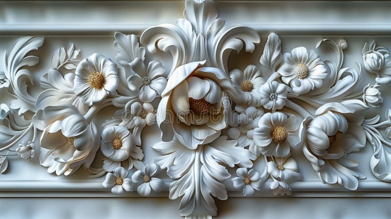 White Stucco with Embossed Floral and Vine Patterns, Gold Accents and ...