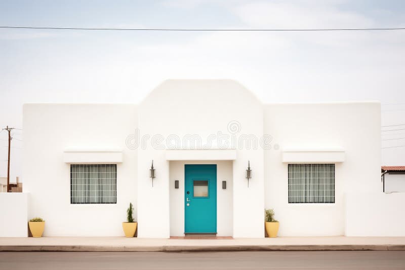 White Stucco Facade with Contrasting Blue Arch Doors Stock Image ...