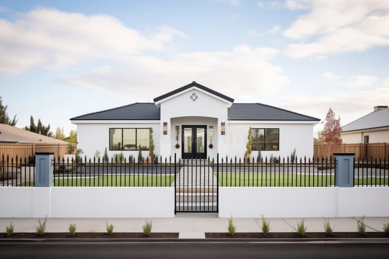 White Stucco House with Dark Wrought Iron Railings Stock Image - Image ...