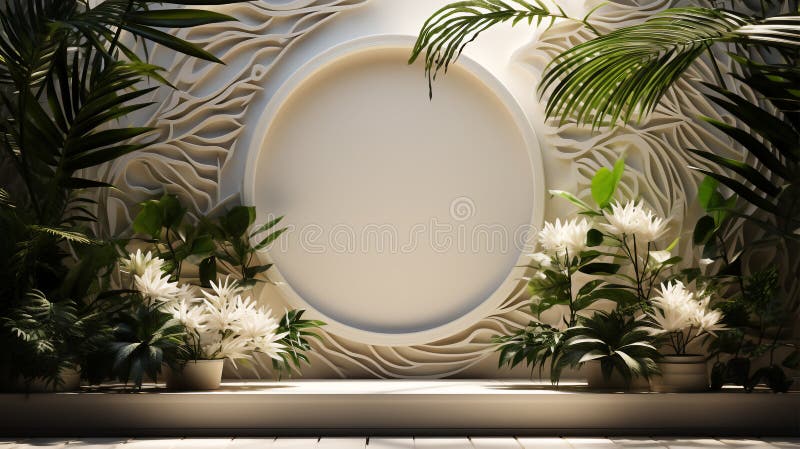 White Studio Background with Tree and Flowers with Shadows Leaves on ...