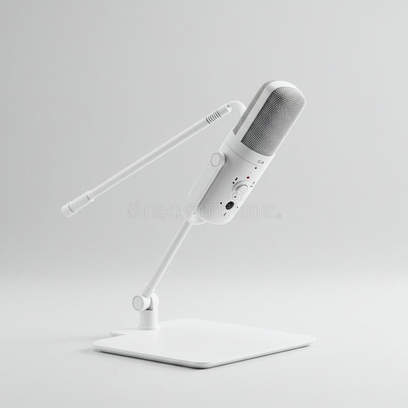 White Studio Microphone with an Adjustable Arm on a Square Base. the ...
