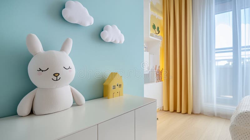A White Stuffed Rabbit Sitting on a Shelf in the Corner of a Room, AI ...