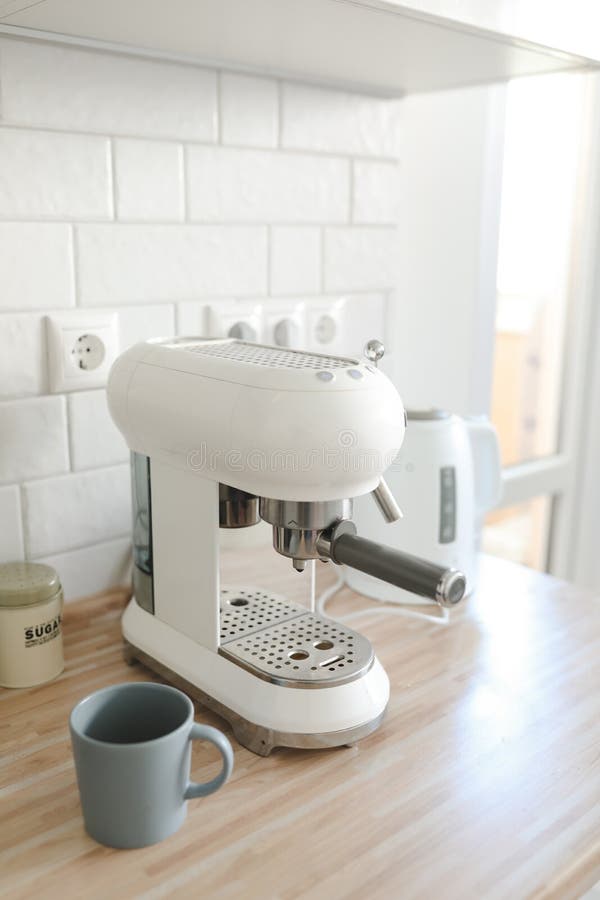 White Stylish Coffee Machine in Cozy Kitchen Interior Stock Photo ...