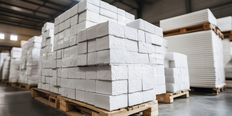 White Styrofoam Blocks Stacked on Pallets in Warehouse Environment ...