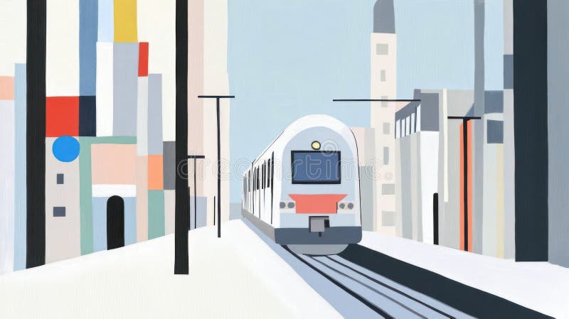 A White Subway Train is Approaching, Surrounded by Design Buildings ...