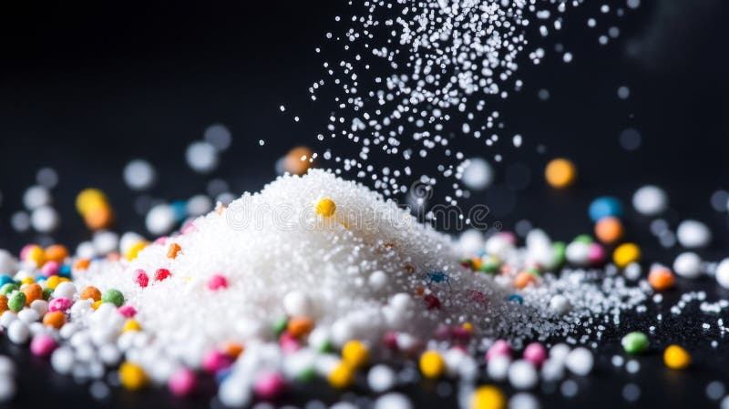 White Sugar and Colorful Sprinkles on Black Background Stock ...