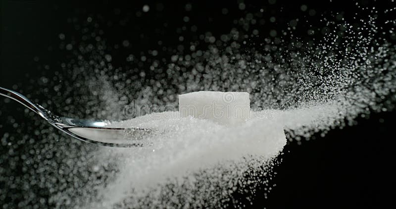 White Sugar Cube Falling on Powder Sugar Against Black Background Stock ...