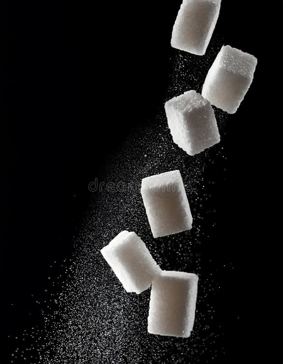 White Sugar Cubes Falling and Floating Freely on Black Background Stock ...