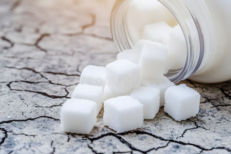Sugar Cubes Spilling from a Jar Onto a Cracked Surface in Bright Light ...