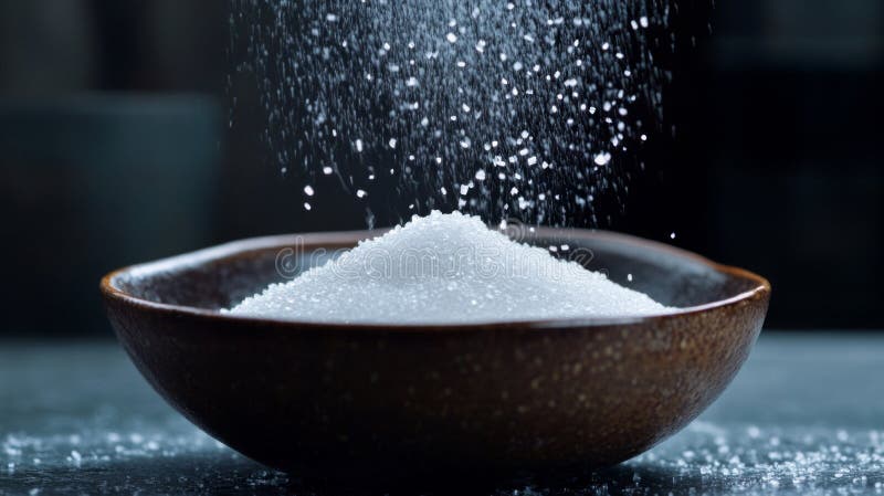 White Sugar Pouring into Brown Bowl on Dark Background Stock ...