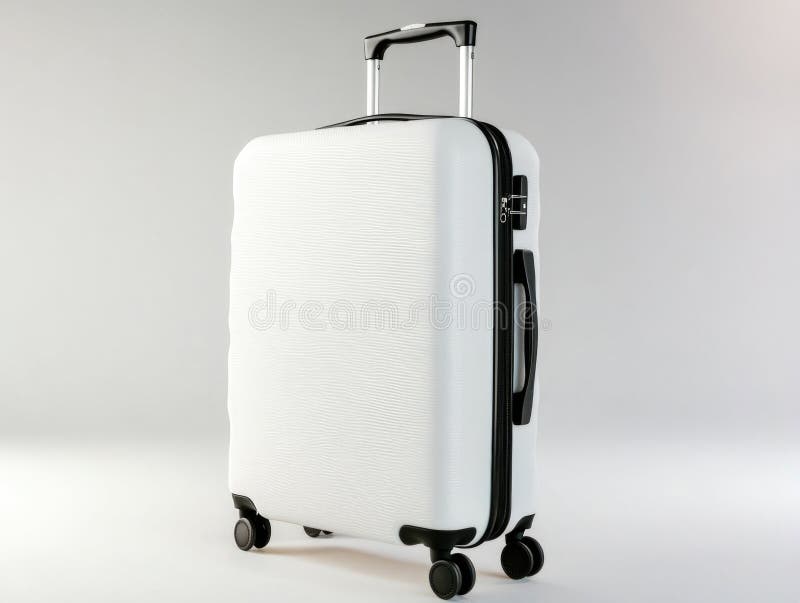 White Suitcase with a Black Handle Sits on a Grey Surface Stock Photo ...