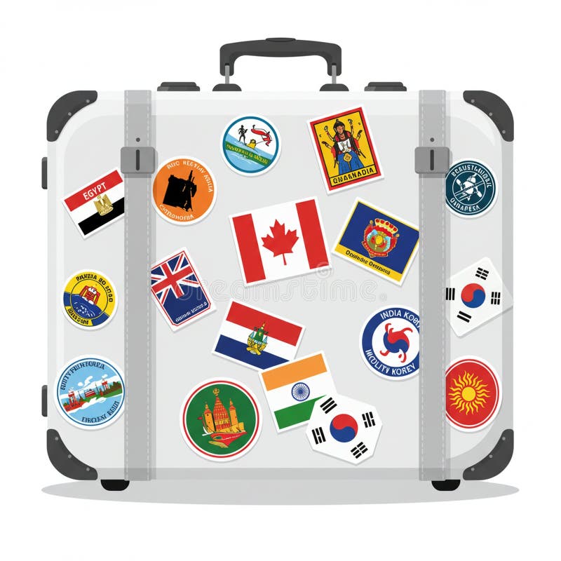 A White Suitcase Decorated with Various International Stickers ...