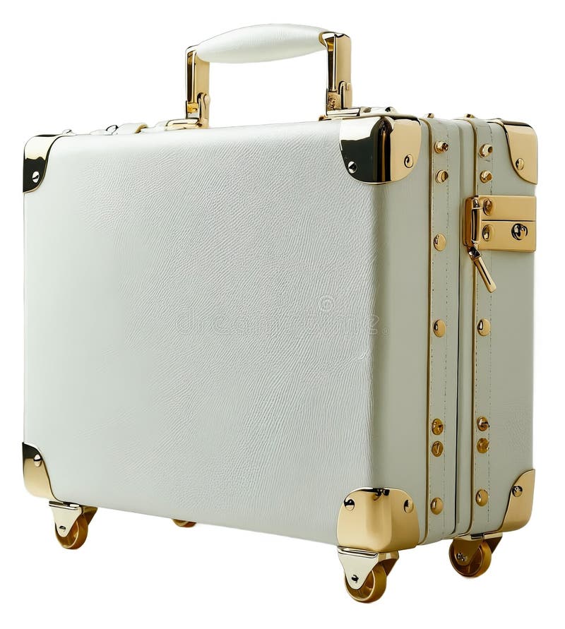 A White Suitcase with Gold Hardware on Wheels Stock Photo - Image of ...