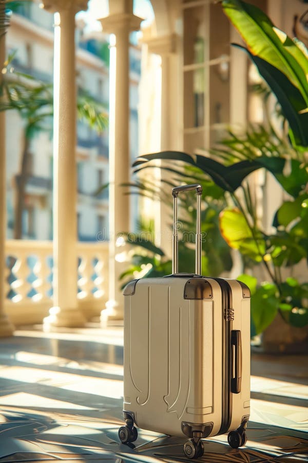 A White Suitcase is Sitting on a Marble Floor in Front of a Building ...